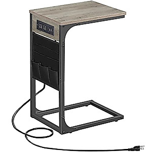 Slim End Table with Charging Station, Side Table with 2 USB Ports and Outlets, C-Shaped Snack Table with Cloth Bag, TV Tray Table, Couch Table TB01BG024