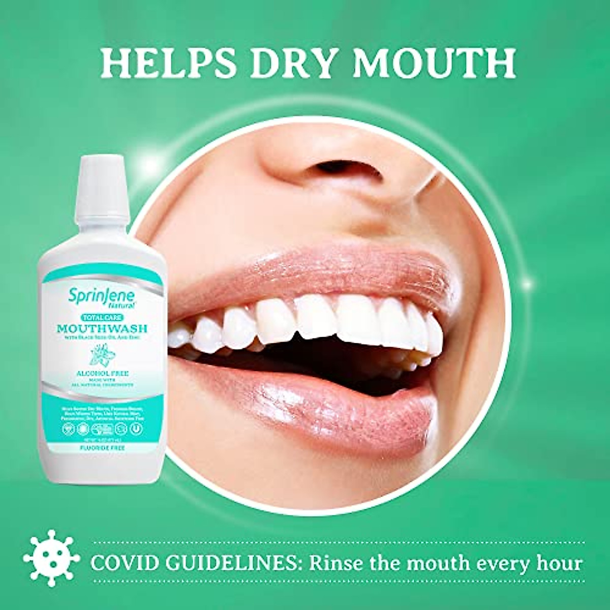 Sprinjene Fluoride Free Mouthwash Alcohol Free for Fresh Breath, Gum Health, Dry Mouth & Whitening Teeth with Black Seed Oil & Zinc - SLS Free, Toxic Free Vegan, Gluten Free, Kosher, Halal (Natural)