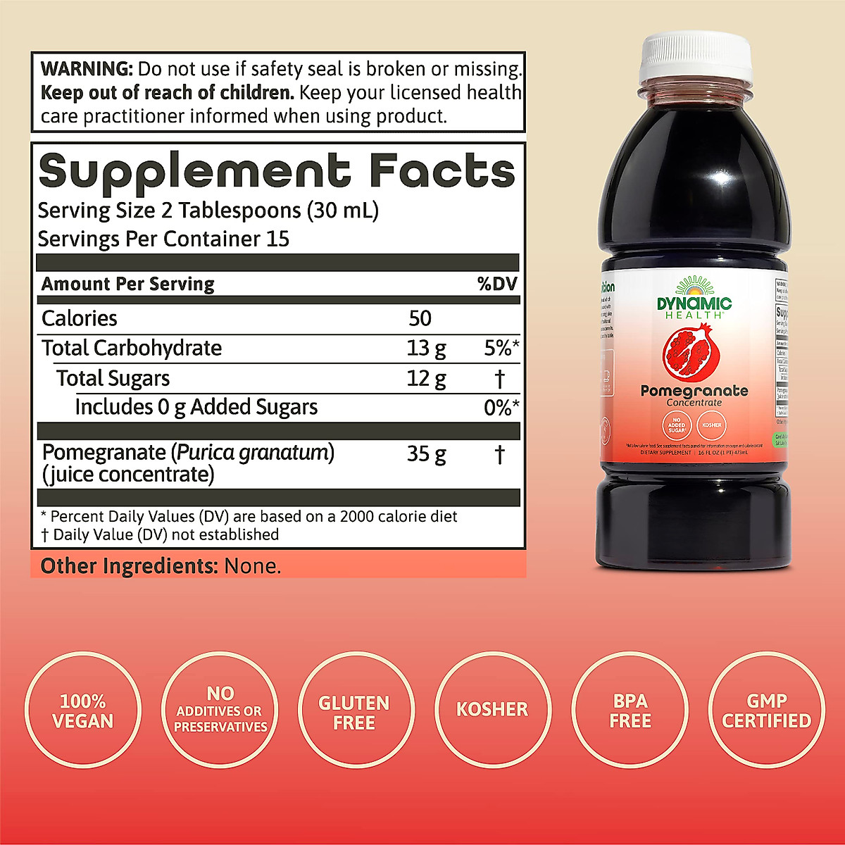 Dynamic Health Pomegranate Juice Concentrate, Natural Antioxidants and Polyphenols, No Additives or Preservatives, Vegan, Gluten Free, 16oz