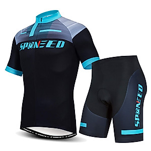 sponeed Mens Cycle Jerseys Set Shorts Gel Padded Tights Bicycle Pants Paddding US M Black Blue