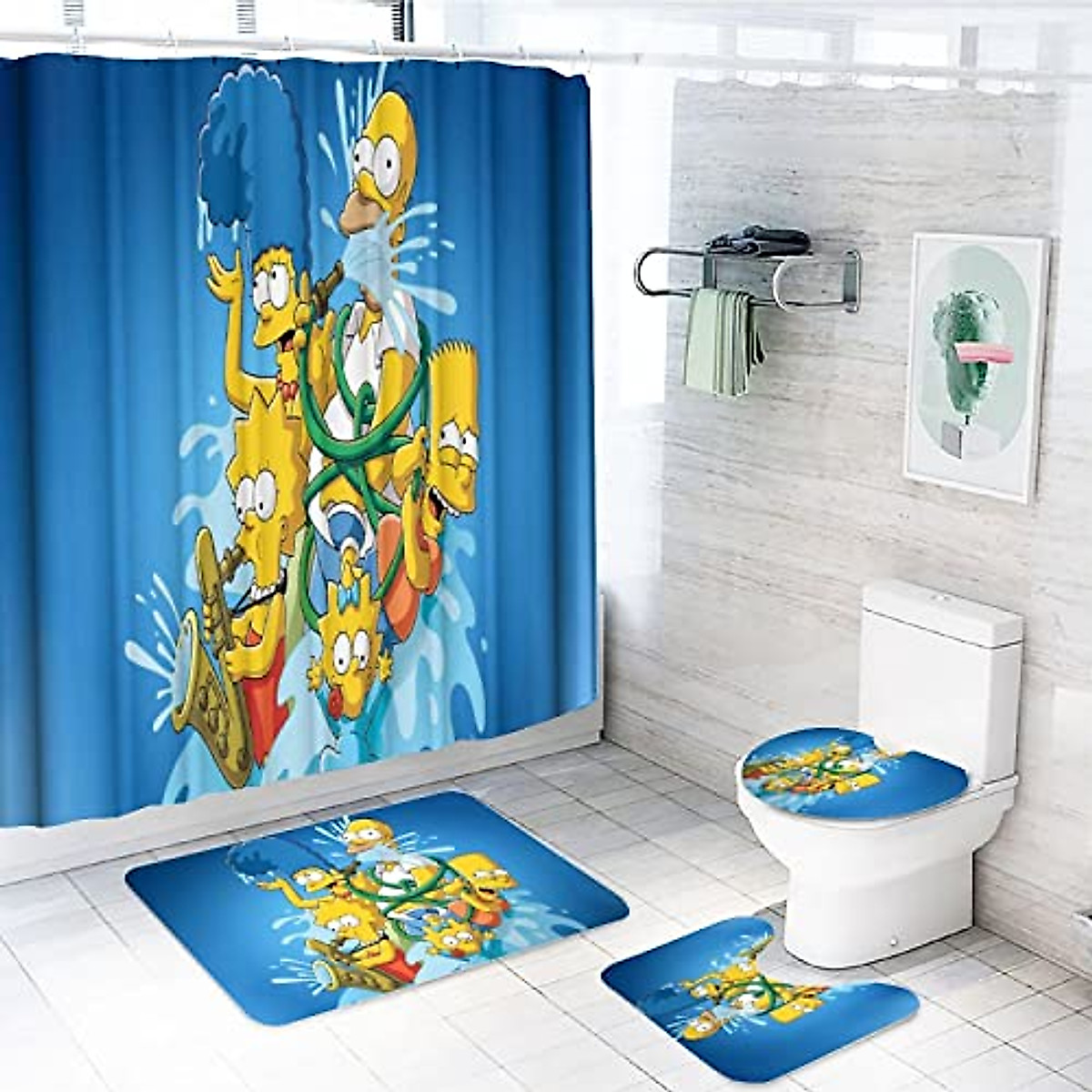 The Sim.psons Shower Curtain Sets with Non Slip Rugs The Sim.psons 4Pcs Shower Curtain Set with Non-Slip Rugs Toilet Lid Cover and Bath Mat, Waterproof Polyester Fabric Bathroom Curtain with 12 Hooks
