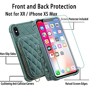 MONASAY Zipper Wallet Case for iPhone X/XS,[Glass Screen Protector ][RFID Blocking] Flip Leather Handbag Phone Cover with Card Holder & Detachable Crossbody Shoulder Lanyard Strap, Light Green