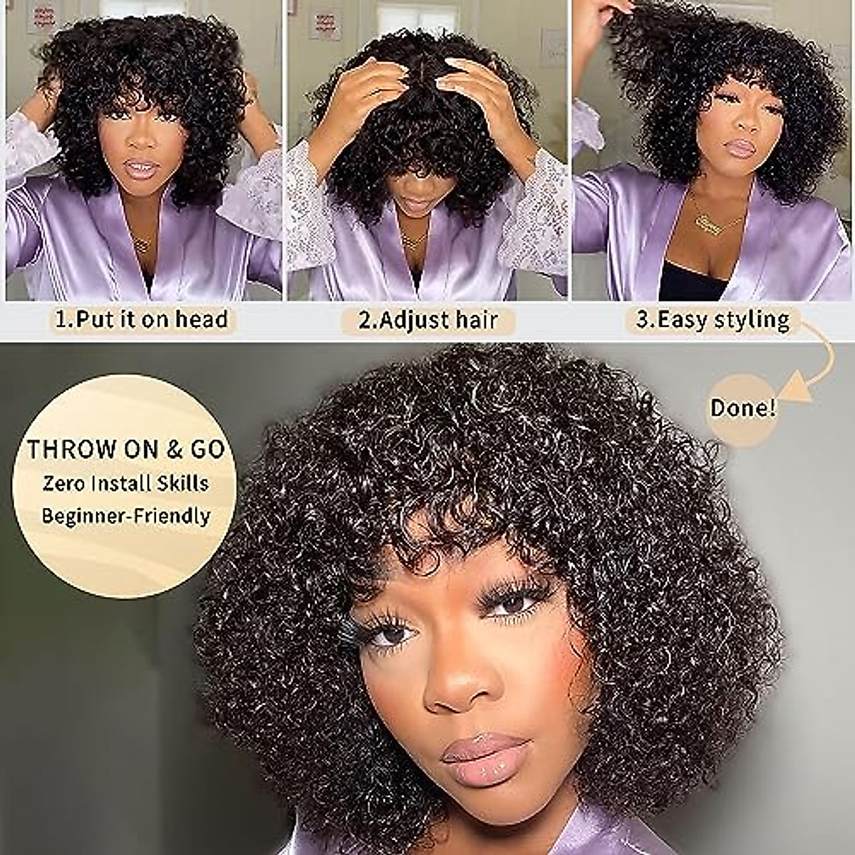 Acantam 150% Density Curly Wig with Bangs Grade 10A Virgin Human Hair Wig for Black Women Curly Human Hair Wig Glueless None Lace Front Wig Natural Black Color(16 Inch)