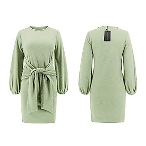 R.Vivimos Women's Autumn Winter Cotton Long Sleeves Elegant Knitted Bodycon Tie Waist Sweater Pencil Dress (XL, Light Green)