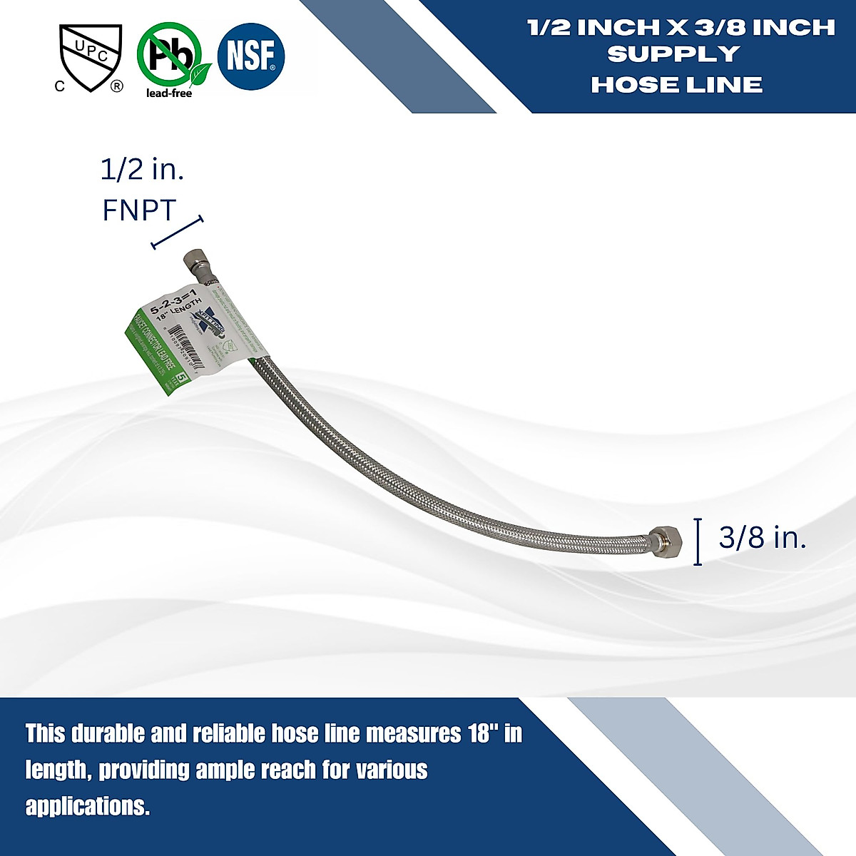 2 Pieces XFITTING 3/8" Comp x 1/2" FNPT Faucet Supply Hose Line, 18" Long, Braided Stainless Steel