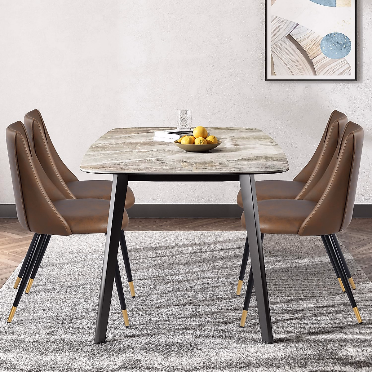 FurnitureR Dining Chairs Set of 2 Modern Upholstered Accent Chairs with Soft Seat/Metal Legs Kitchen Side Chairs for Kitchen Dining Room Waiting Reception Room, Faux Leather, Brown