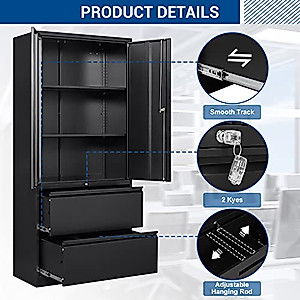 Fesbos Metal Cabinets with 2 Lockable Lateral File Cabinets and Doors, Steel Metal Filing Lockers for Home Office Hanging Files Letter/Legal/F4/A4 Size