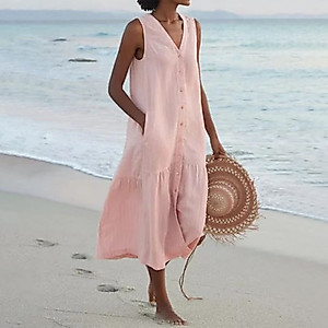Women Summer Cotton Linen Dress Sleeveless Button Up V-Neck Loose Long Dress with Pockets Vacation Long Dress