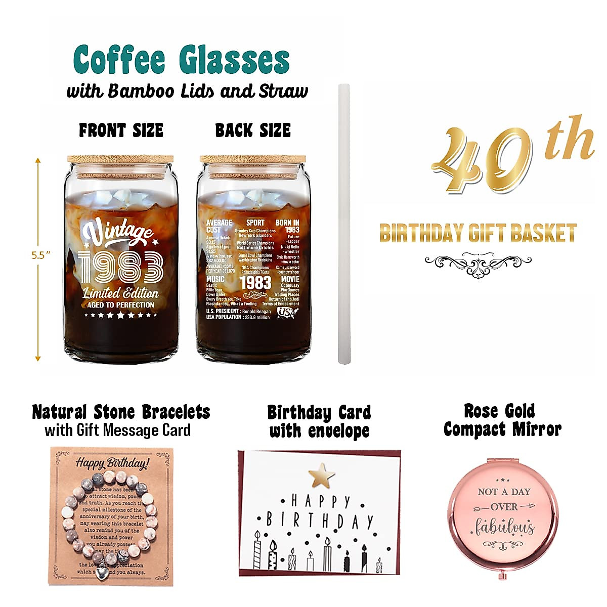 41st Birthday Gifts Set for Men Women, 41st Birthday Gift for Friend Sister Coworker Dad Mom, Happy 41 Years Old Birthday Party Decorations, 1983 Glass Cup with Bamboo Lids and Straw