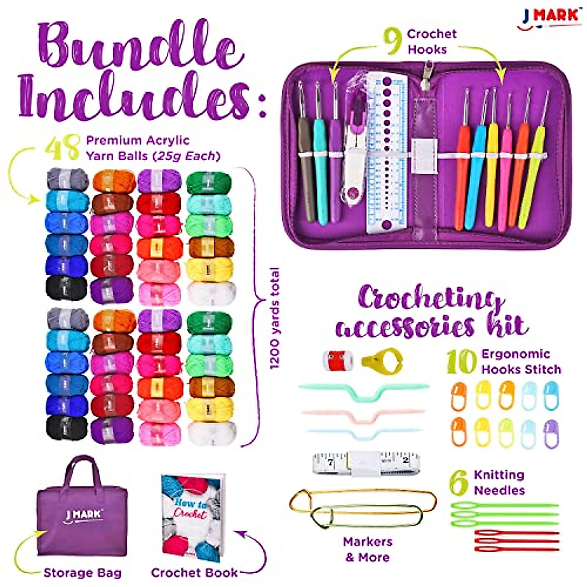 J MARK Premium Crochet Kit -includes 2,640 Yards of Acrylic Yarn for Crocheting Complete Crochet Set