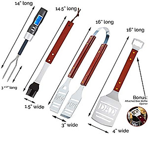 AMZ BBQ Club Gifts for Dad Grill Set for Fathers Day, Dad's Birthday or Anytime - 4 Piece Grilling Accessories for Men Includes Spatula, Tongs, Digital Thermometer, Basting Brush