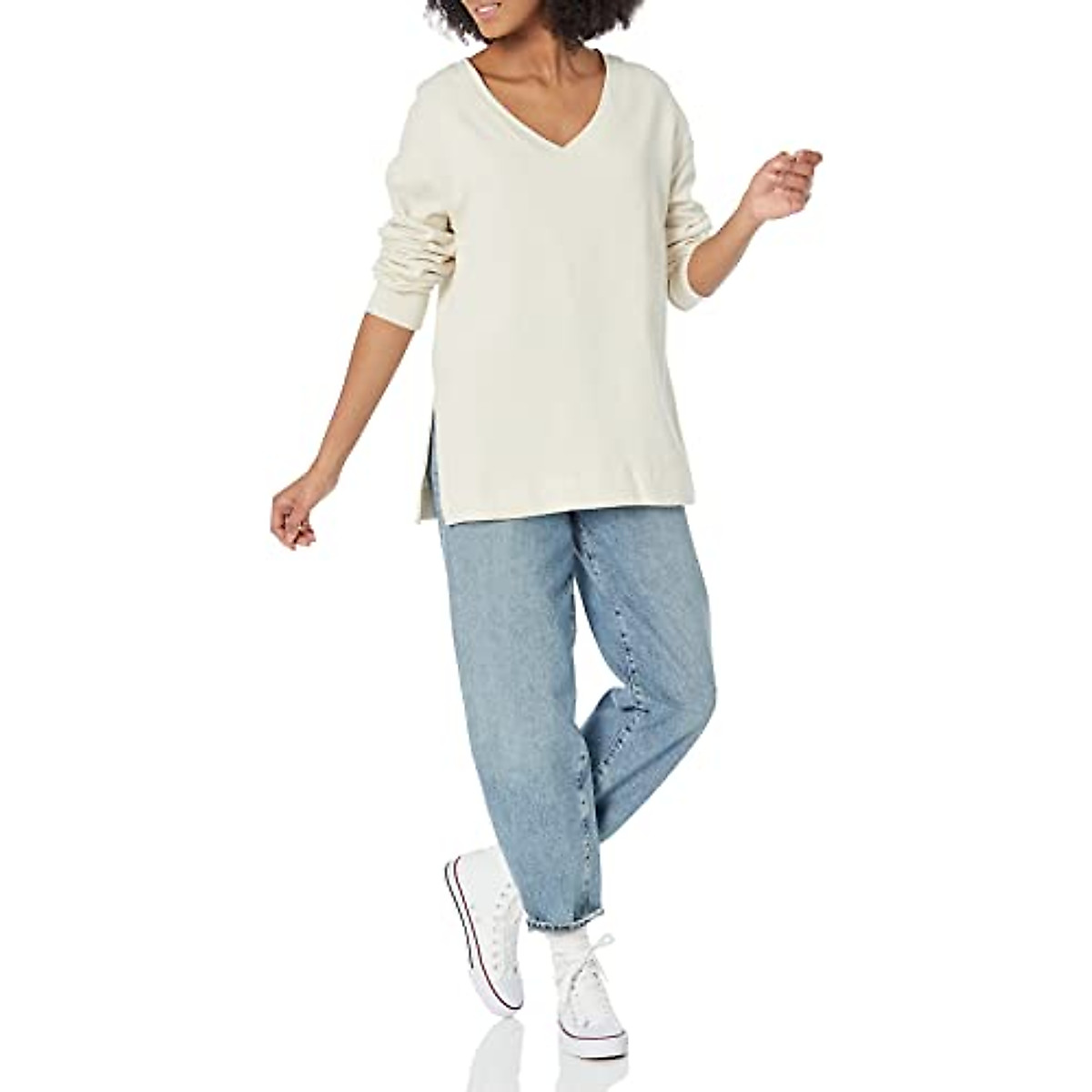 GAP womens Fleece Oversized Vneck Tunic Sweatshirt, Beach Pebble, Small US