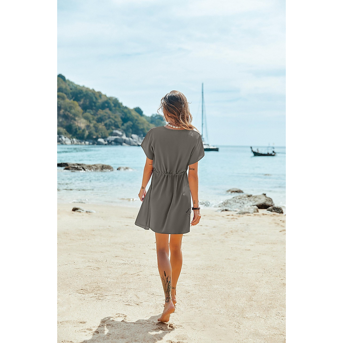 Ekouaer Women's Cover Ups Casual Swimsuit Coverups Flowy Tie Waist Beach Cover Up Dress(Grey, Large)