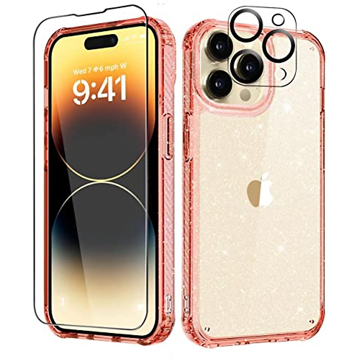 MIODIK for iPhone 14 Pro Max Case Clear Glitter, with Screen Protector + Camera Protector, [Military-Grade Protective] [Non-Yellowing] Slim Shockproof Women Cute Bumper Cover 6.7" 2022 (Sparkle Pink)