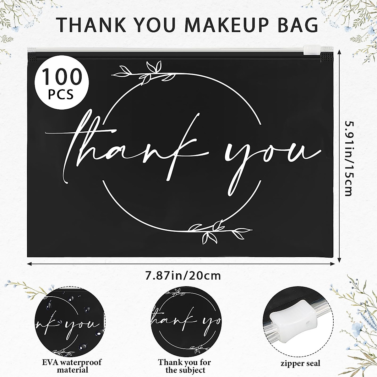 Ireer 100 Pcs Thank You Gift Makeup Bags EVA Clear Cosmetic Bag with Zipper Mini Makeup Thank You Toiletry Cosmetics Bulk Gifts for Women Birthday Daughter Sister(Black)
