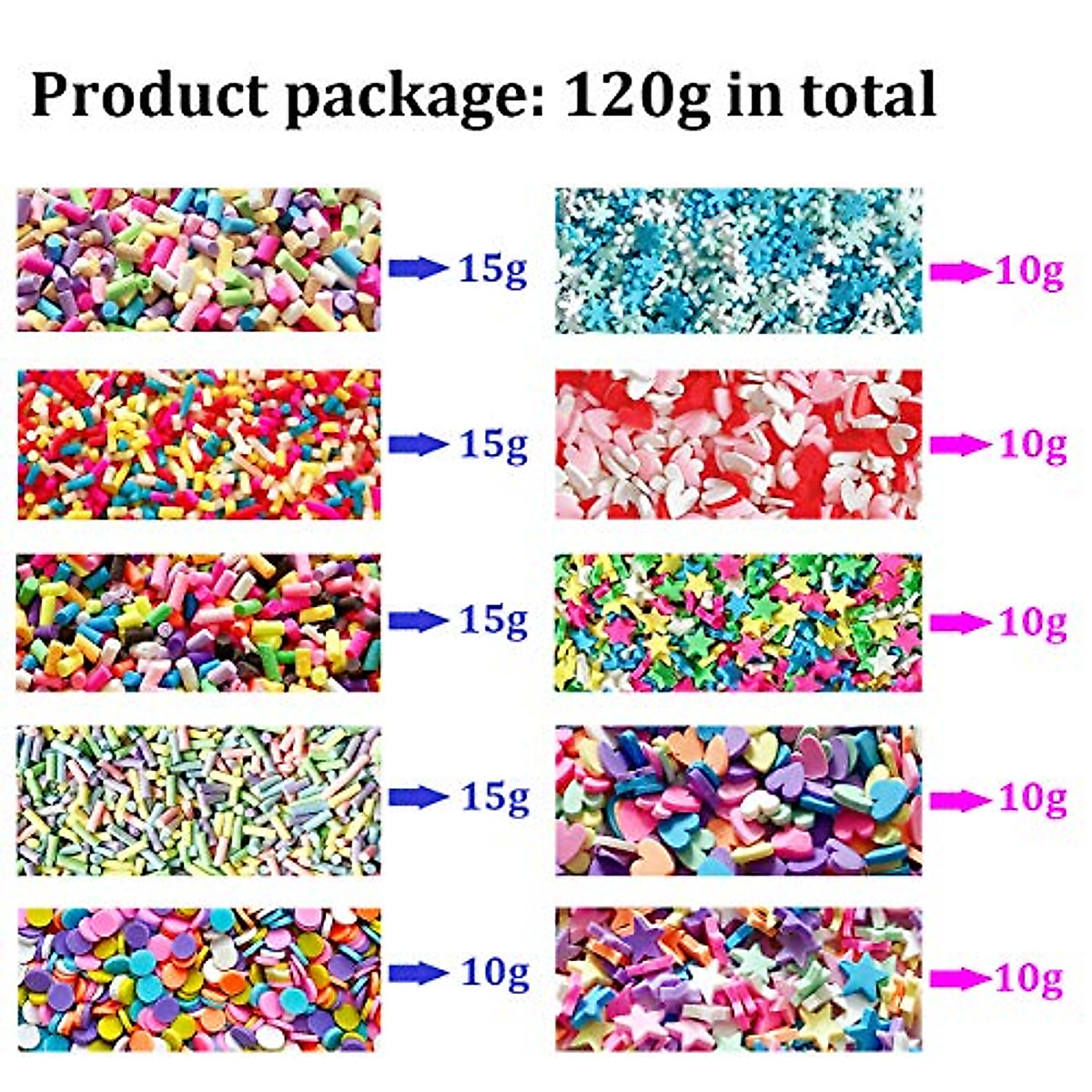 EHOPE 120G Fake Sprinkles Polymer Sprinkles Faux Sprinkles Resin Sprinkles Clay Sprinkles For Resin Fake Candy Sprinkles for Nail Art DIY Crafts Cake Phone Case( 10 Colors-120g )