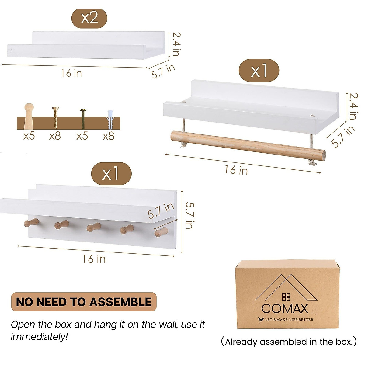 COMAX Kids Floating Book Shelves for Wall Nursery, Hanging Book Shelf Wall Mount Bookshelf Organizer for Kids Room Toddler Baby Bedroom, Small White Floating Shelves Kids Bookshelf Reading Nook