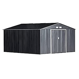 Outsunny 11.15'W x 12.5'D x 6.6'H Outdoor Backyard Garden Tool Shed with Double Sliding Doors, 4 Airy Vents, & Durable Steel, Dark Grey