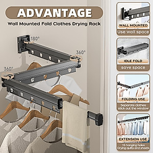 CRMCR Wall Mounted Space Saving 360° Folding Clothes Drying Rack, Retractable Collapsible Windproof Hanging Hole Laundry Rack, Suitable for Balcony, Laundry Rack【3-Fold-Grey】