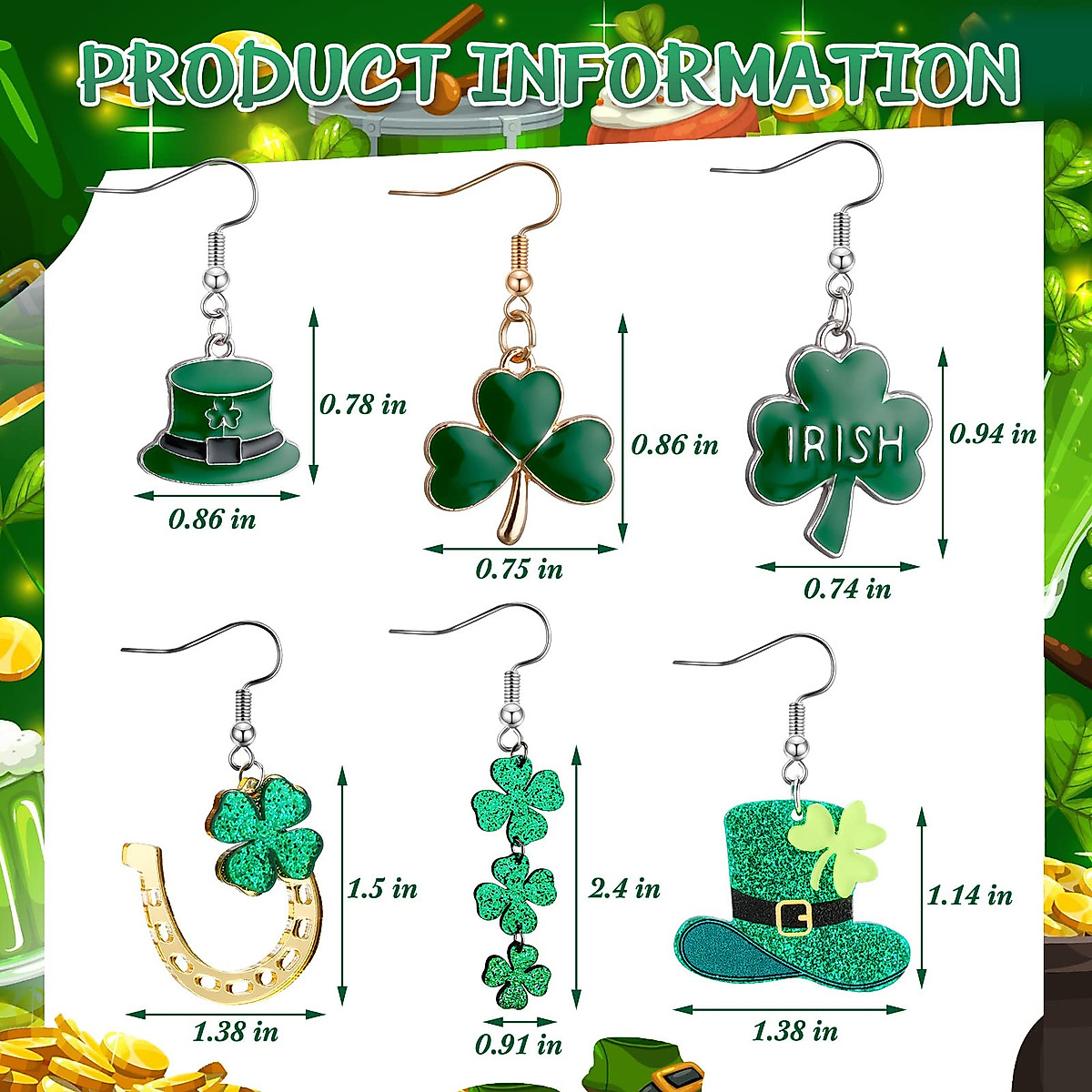 Henoyso 6 Pairs St. Patrick's Day Earrings Acrylic Stud Clover Dangling Earrings Irish Shamrock Dangle Earrings for Women (Clover)