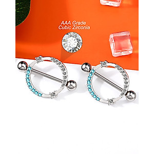 Melighting 14G Nipple Rings Shiny Stainless Steel 316L Clear Blue CZ Dainty Round Nipple Barbell Nipple Bars Body Piercing Jewelry for Women