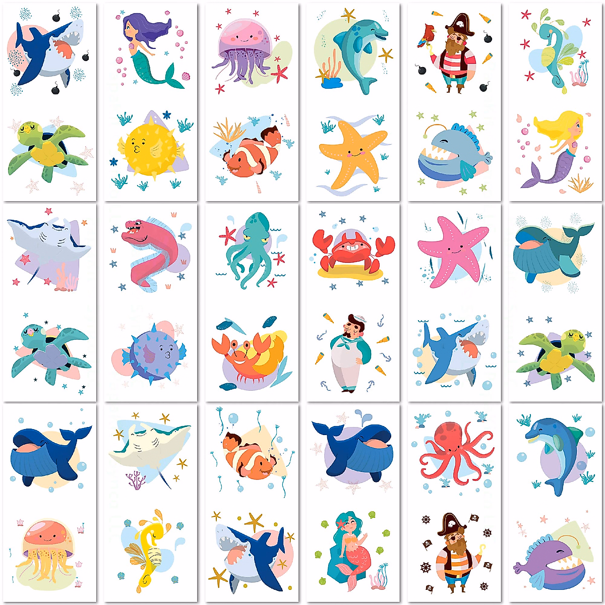 PapaKit Cute Ocean Animals 36 Temporary Fake Tattoo Set, 18 Individually Wrapped Sheets | Kids Girls & Boys Birthday Party Favor Gift Reward, Non-Toxic Safe Removable