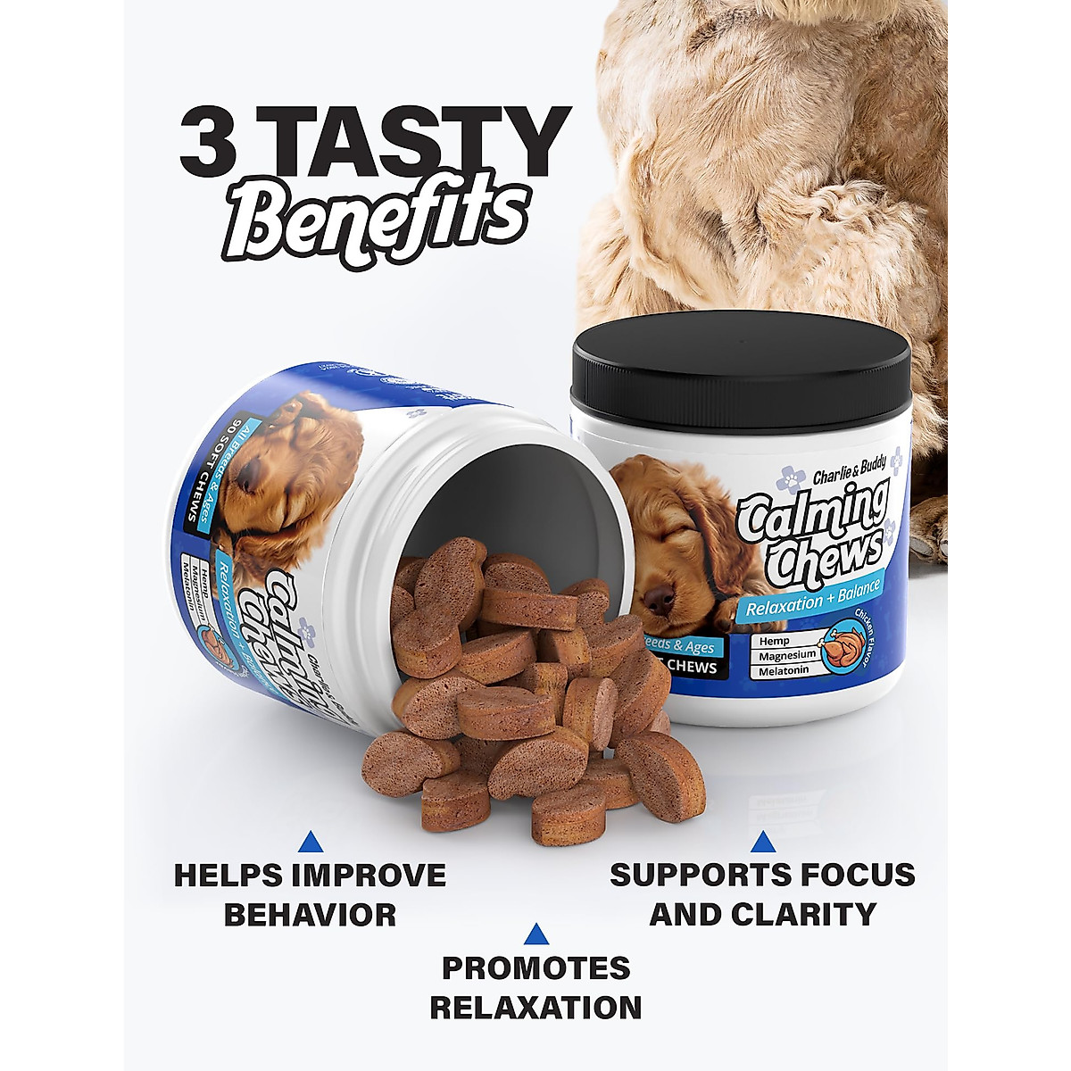Charlie & Buddy Calming Chews for Dogs, Dog Anxiety Relief, Promote Relaxation, Dog Calming Chews with Melatonin for Dogs, Chamomile, Magnesium Citrate, 90 Soft Chews, Chicken Flavor