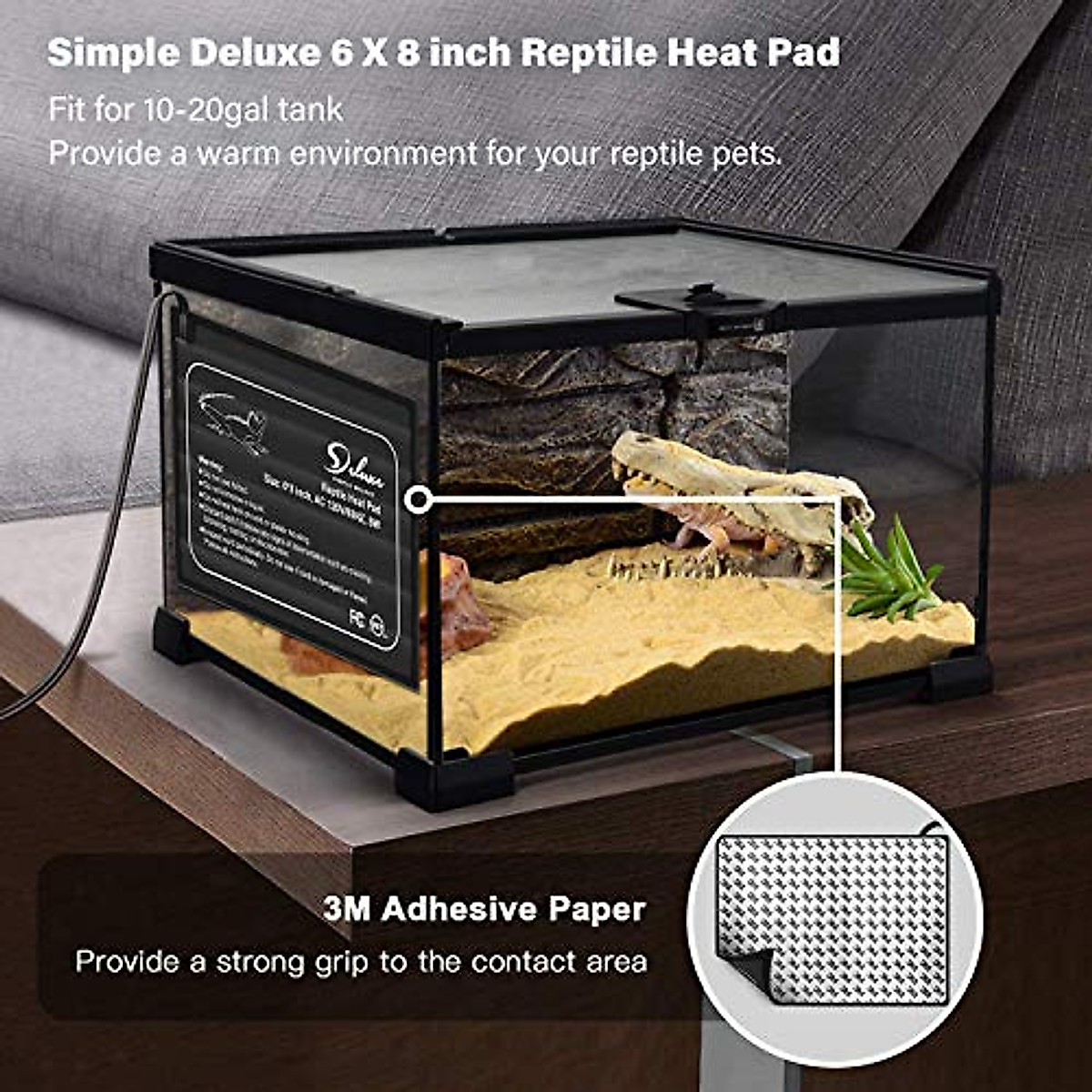 Simple Deluxe 6 X 8 Inch 8W Reptile Heating Pad with 2-Probe Digital Thermometer and Hygrometer Under Tank Heater Terrarium Warmer Heat Mat for Amphibians and Reptiles Pet, Black