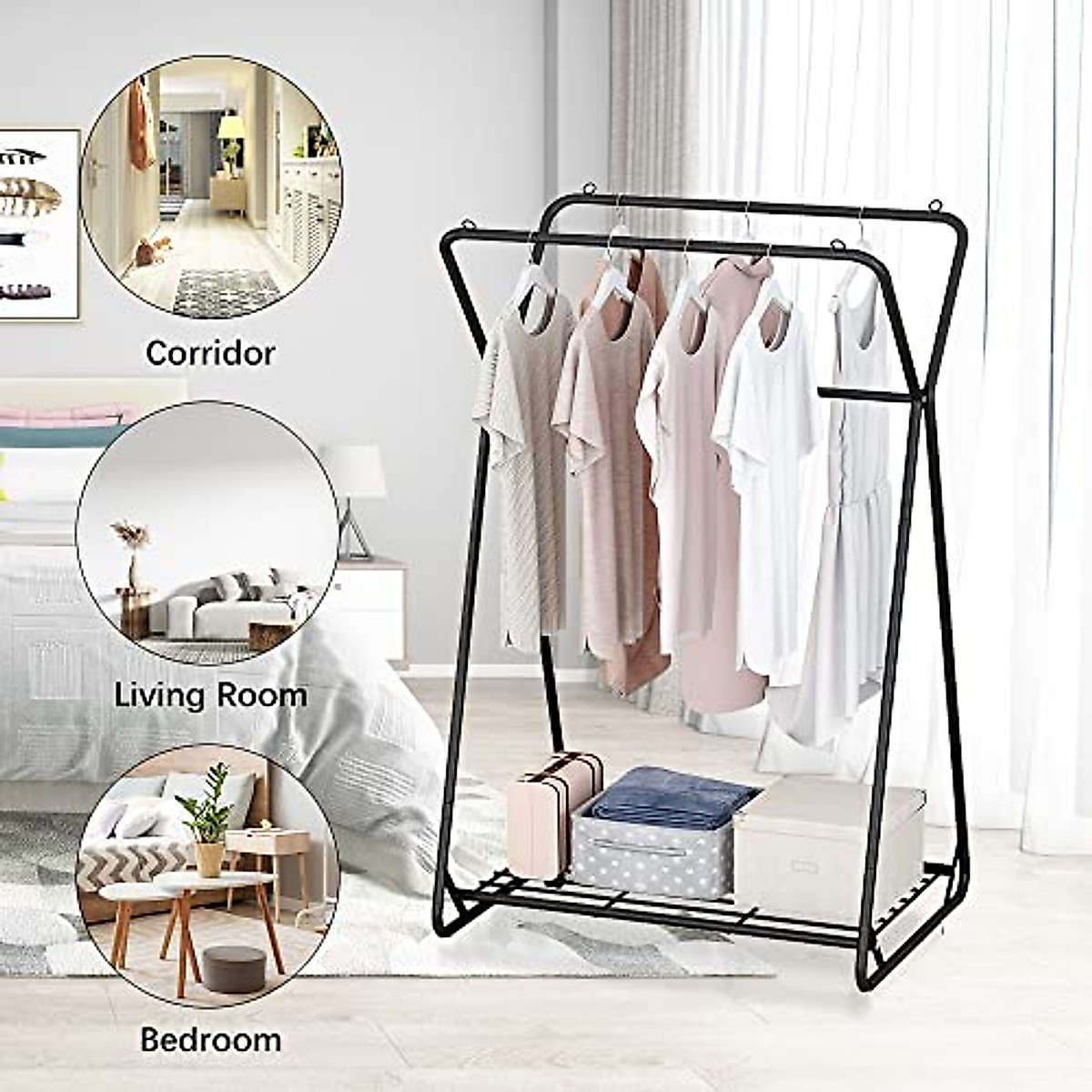ManyDFYu Garment Rack, Heavy Duty Double Rail Clothing Garment Rack Hanger Removable Metal Coat Rail Pipe Double Rail Clothes Rack (BLACK)