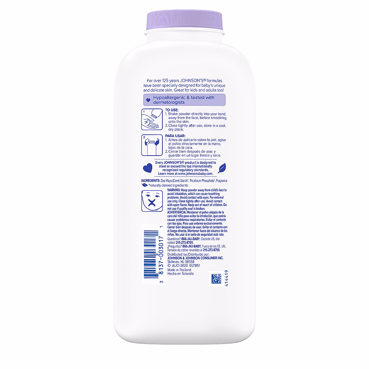 Johnson's Lavender Baby Powder with Naturally Derived Cornstarch, Gently Soothes Delicate Skin, Hypoallergenic, and Free of Parabens, Phthalates, and Dyes, Lavender Scent, 15 oz