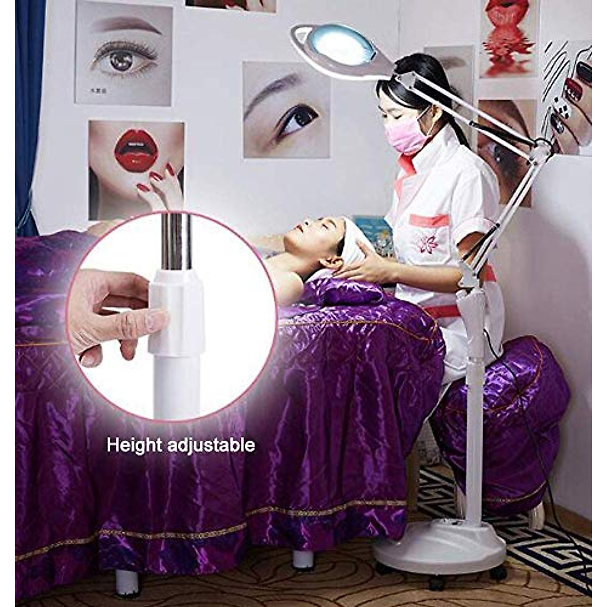 Floor Standing Magnifying Lamp, Adjustable Swivel Arm 16x Magnifier Lamp Light for Skiare Beauty Manicure Tattoo Salon Spa with Rolling Floor Stand Interesting Life