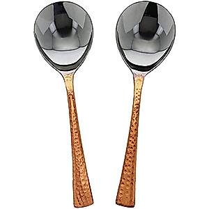 FIKIMOS Indian Handmade Stainless Steel & Copper Serving Spoon Set - Genuine Copper Dinnerware Serving Spoon Pieces Set Of 2