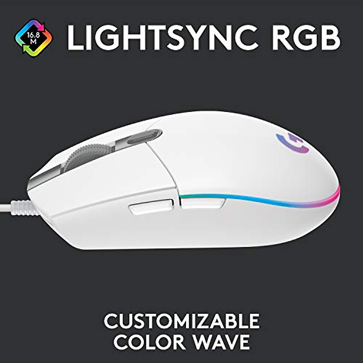 Logitech G203 Lightsync Gaming Mouse with Customizable RGB Lighting, 6 Programmable Buttons, Gaming Grade Sensor, 8 k dpi Tracking, Light Weight (White)