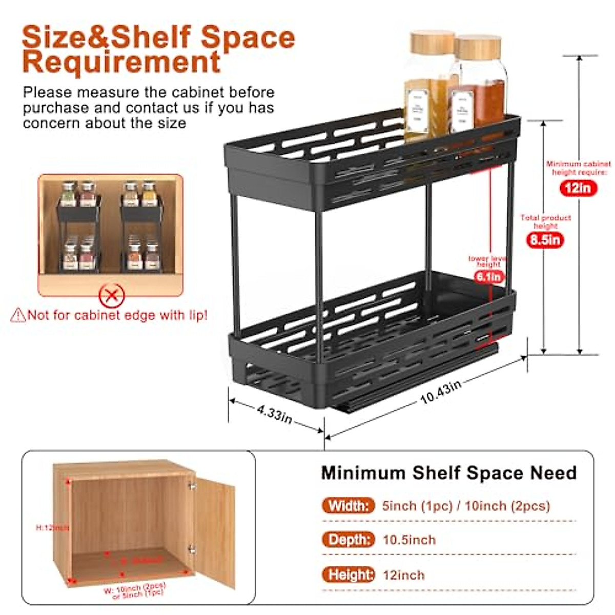 Spice Rack Organizer for Cabinet, 2 Pack Pull Out Spice Rack for Kitchen Inside Cabinets, Vertical Spice Organizer, 2-Tier Spice Cabinet Organizer Slide Out Spice Racks, 4.33''Wx10.43''Dx8.5''H