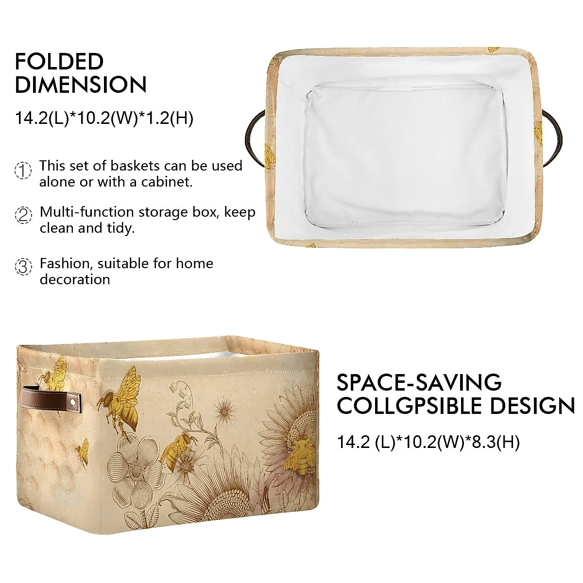 Retro Honey Bees and Sunflowers Rectangle Storage Basket Collapsible Storage Bin for Nursery Toys Books Waterproof Baskets for Closet Shelves Bedroom Decor