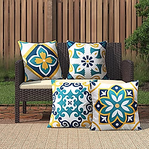 cygnus Outdoor Waterproof Throw Pillow Covers 18x18 Inch Set of 4 Boho Decorative Floral Covers for Patio Furniture Porch (18 * 18inch/45 * 45cm,Teal and Yellow)