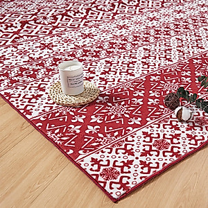 WondRg Christmas Area Rug 8x10 Red Snowflake Holiday Decorative Living Room Bedroom Throw Rug Washable Non Slip Soft Low Pile Large Carpet for Kitchen Entryway Dining Room Home Decor