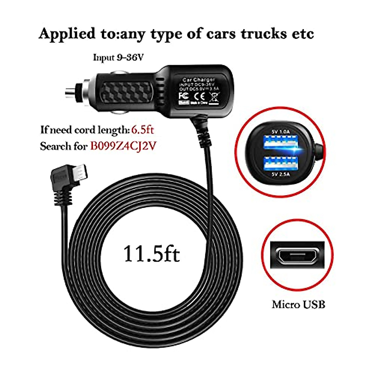 Dash Cam Charger 2023 Upgraded Micro USB Car Charger with Dual USB Port Compatible with, Rexing, Byakov, AKASO, Crosstour, Trekpow, Pruveeo, OldShark, Garmin and Most Other Dash Cam(11.5ft)