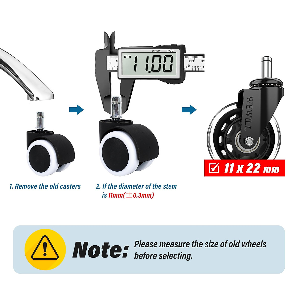 WEWILL Rollerblade Office Chair Wheels Replacement 99% Universal Fit Chair Casters(Set of 5) Heavy Duty Rubber Casters 3 INCH Smoothly & Quietly Safe for All Floor, Hardwood, Tile, Carpet