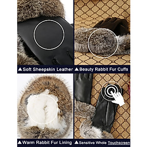 OCXMME Super Warm Womens Rabbit Fur Lined and Cuff Leather Gloves for Women Touchscreen Texting Driving Gloves Black Large