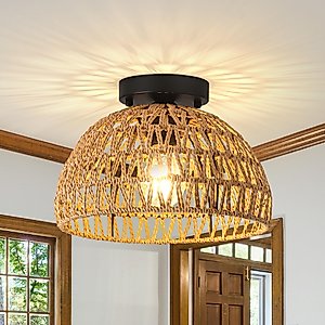 SYTPPLAN Rattan Light Fixtures Ceiling Light, Handmade Woven Cage Boho Light Fixture 11" Semi Flush Mount Light Fixture Coastal Ceiling Light for Hallway Kitchen Entryway Farmhouse Living Room