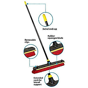 Quickie 24-Inch Knockdown 2-in-1 Multi-Surface Push Broom with Squeegee, Black/Red (6352ZQK)