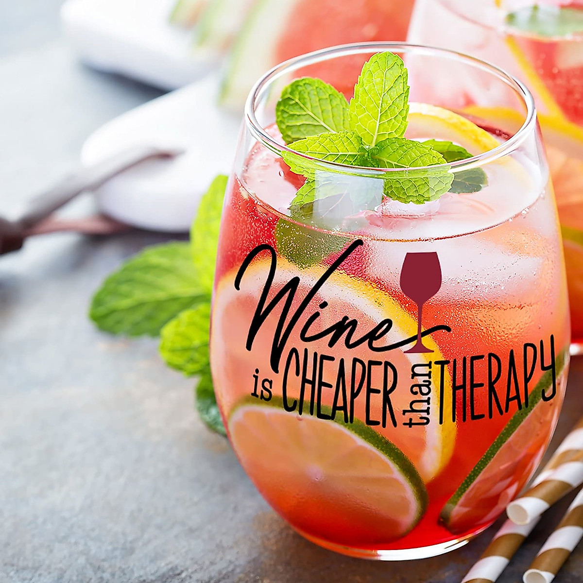 Toasted Tales Wine Is Cheaper Than Therapy Drinking Glasses | 15 oz Stemless Bachelorette Wine Glasses | Cute Wine Glass Tumbler | Glassware For Novelty Gifts | Girls Weekend Gifts For Women