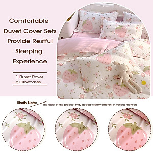 SOULZZZ White Pink Duvet Covers Queen Size - Pink Strawberry Bedding Queen Comforter Sets 3 PCS with Zipper Closure Duvet Cover & 2 Pillow Shams (No Comforter)