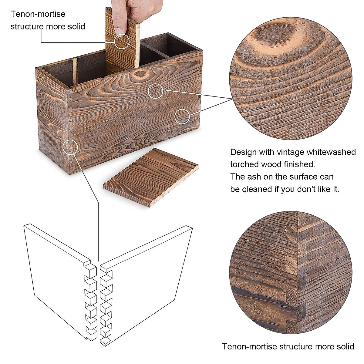 WuGeShop Rustic Utensil Caddy, 4 Adjustable Compartments Wooden Silverware Caddy, Upgraded Version kitchen Utensil Holders for Countertop