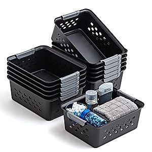 IRIS USA Plastic Storage Basket, 12-Pack, Small, Shelf Basket Organizer for Pantries, Kitchens, Cabinets and Bedrooms Black