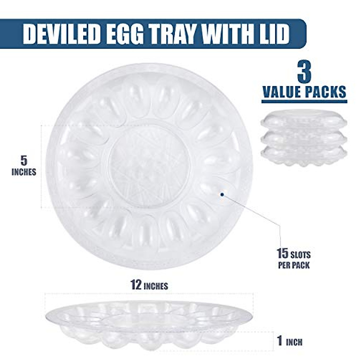 [3 Pack] Deviled Egg Tray with Lid - 12" 15 Slot Round Clear Plastic Deviled Egg Carrier with Dome Lid - Durable Polystyrene Disposable Reusable Container for Pickled Stuffed Eggs and Serving Starters