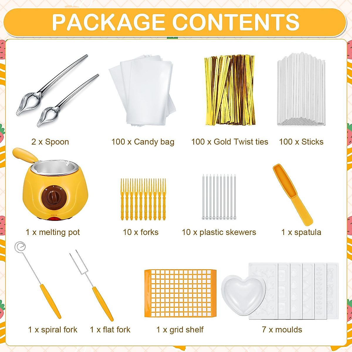 Umigy Electric Melting Chocolate Pot Gift Set Mini Fondue Fountain Pot Kit Chocolate Melting with DIY Mold and Accessories for Candy Chocolate Milk Cheese Candy Home (Yellow,Single Furnace)