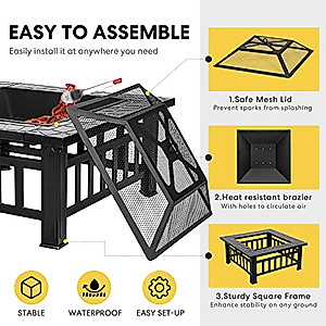 VIVOHOME 32 Inch Heavy Duty 3 in 1 Metal Square Patio Firepit Table BBQ Garden Stove with Spark Screen Cover Log Grate and Poker for Outside Wood Burning and Drink Cooling