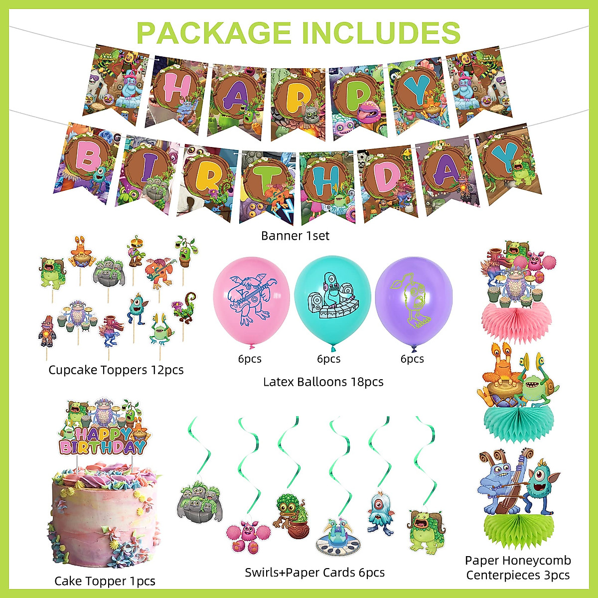 41 Pcs 𝓢𝓲𝓷𝓰𝓲𝓷𝓰 𝓜𝓸𝓷𝓼𝓽𝓮𝓻𝓼 Party Supplies Set Include Birthday Banner, Honeycomb Centerpieces, Cupcake Topper, Latex Balloons, 𝓢𝓲𝓷𝓰𝓲𝓷𝓰 𝓜𝓸𝓷𝓼𝓽𝓮𝓻𝓼 Theme Hanging Swirls for Adult Kids Birthday Party